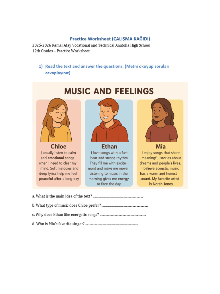 12th Grade Music Preference Worksheet | PDF