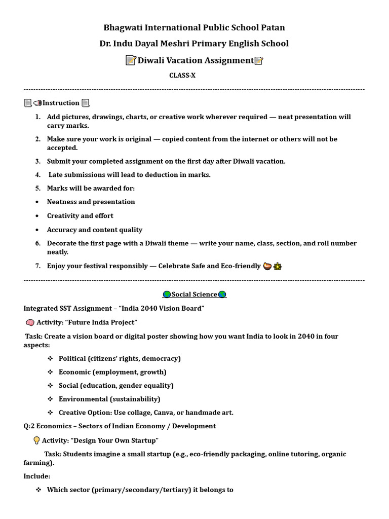 Diwali Vacation Assignment - X | PDF