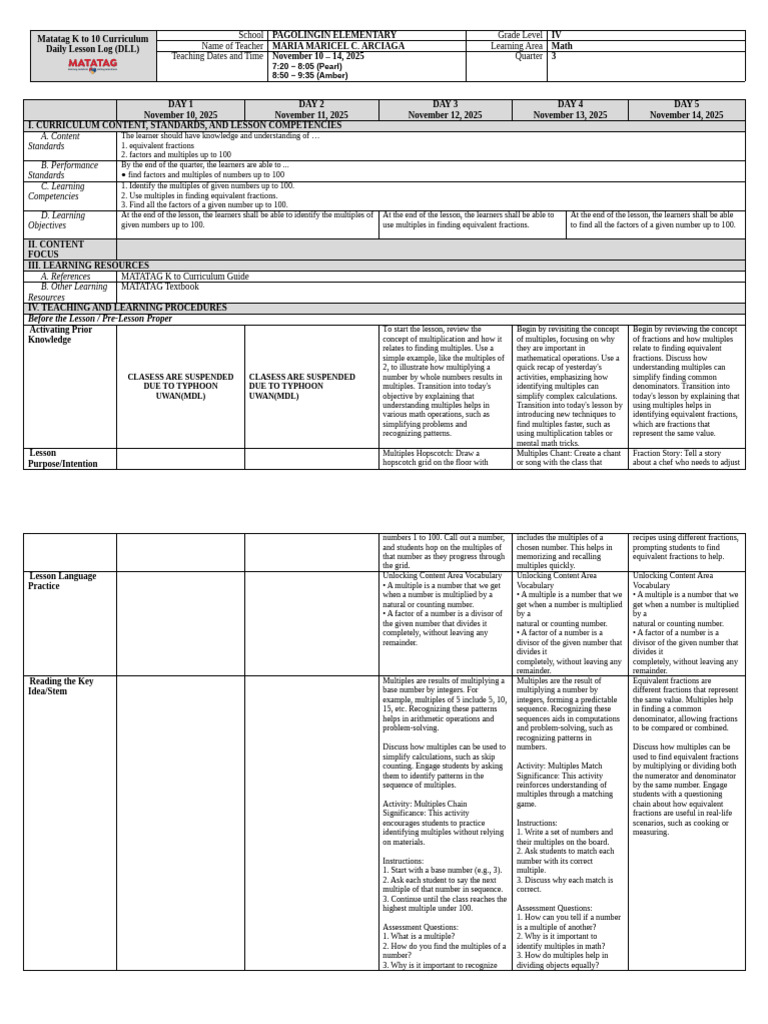 DLL_MATH_G4_Q3_W2 | PDF | Multiplication | Numbers