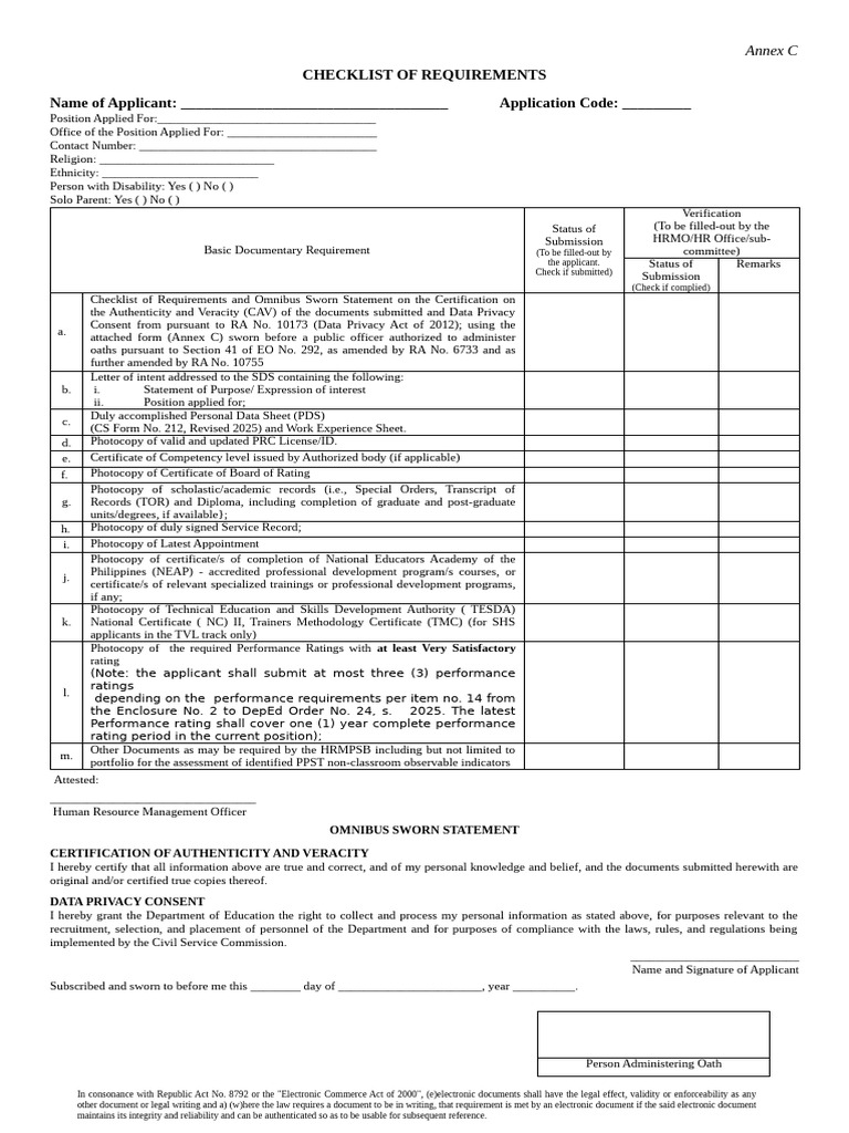 Applicant Requirements Checklist Form | PDF