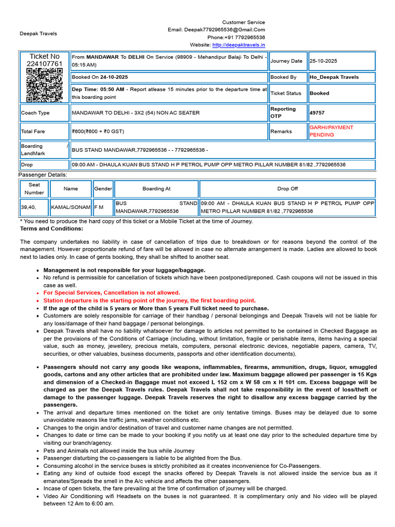 Deepak Travels Bus Ticket Details | PDF | Baggage | Credit Card