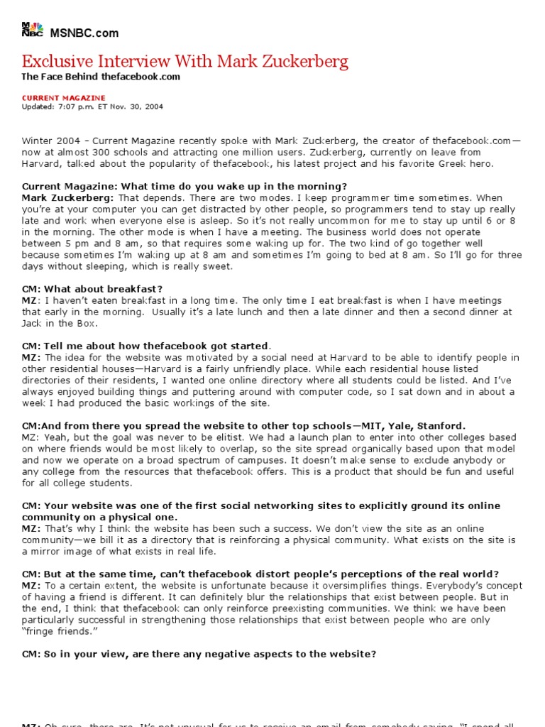 The Face Behind The Facebook: Mark Zuckerberg's Interview With Current ...