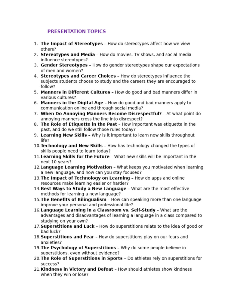 Presentation Topics (1) | PDF | Habits | Superstitions