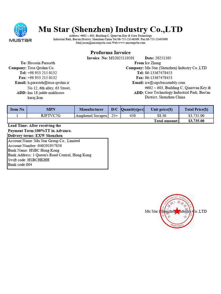 Proforma Invoice from Mu Star Industry | PDF