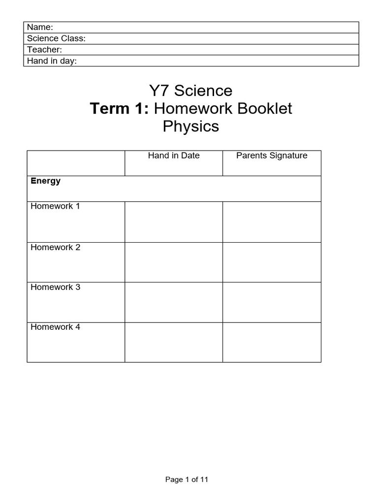Year 7 Physics Energy Homework Guide | PDF | Calorie | Physical Quantities