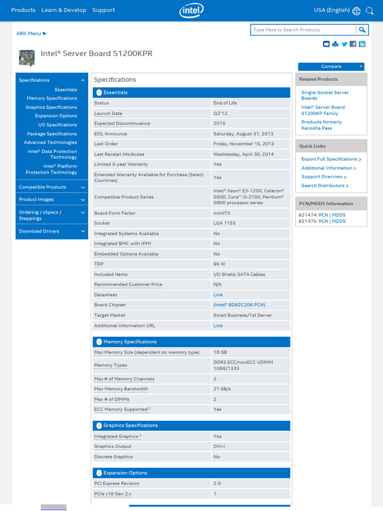 Intel Server Board S1200KPR Specs Overview | PDF | Computer Hardware ...