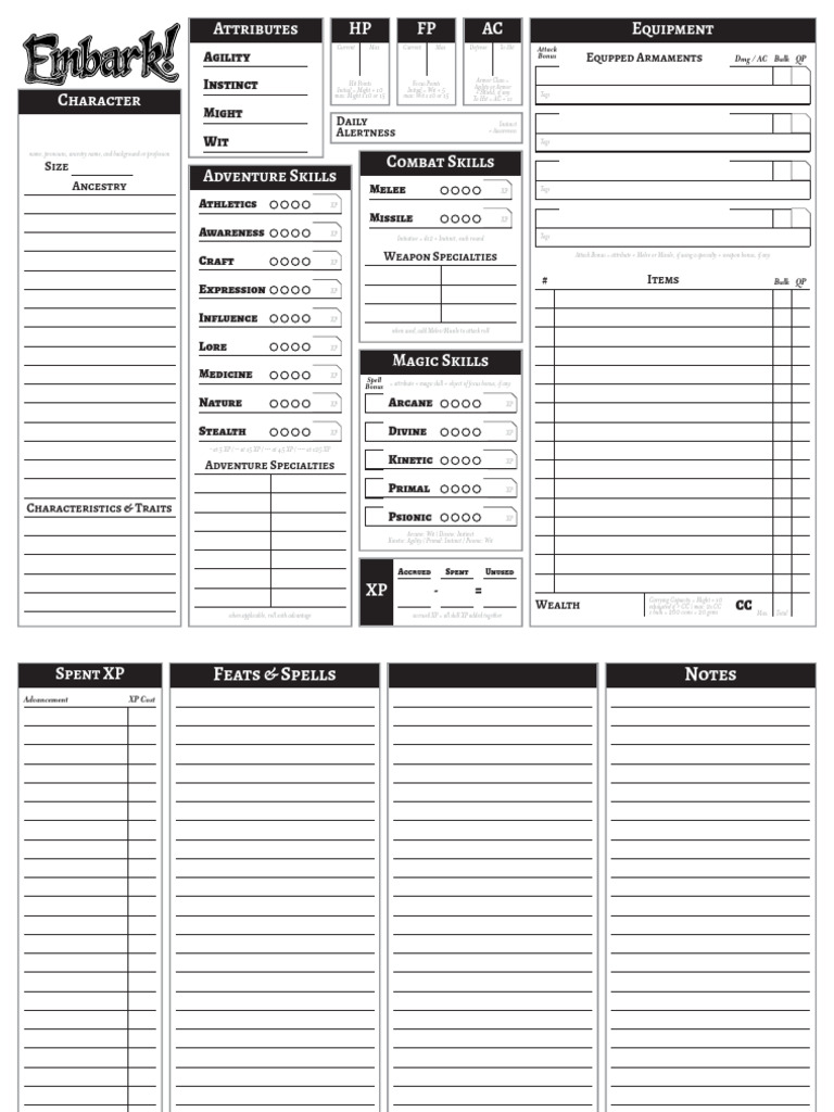 Embark! - Character Sheet v0.9.9 | PDF | Tabletop Games | Gaming