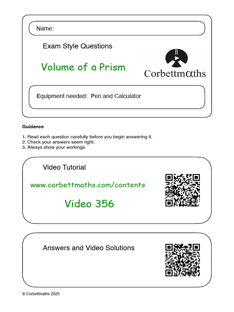 Volume of Prisms Exam Questions | PDF | Volume | Polytopes
