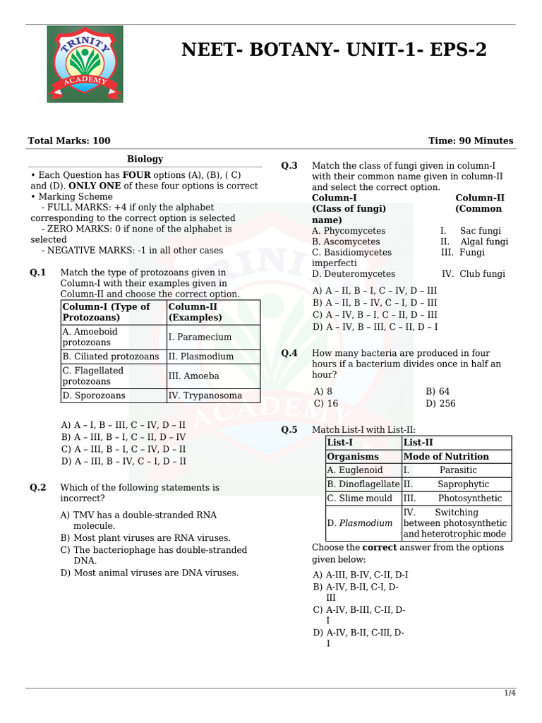 25th Aug 12th Grade Botany Unit 1 Eps 2 Q Paper | PDF | Protozoa ...