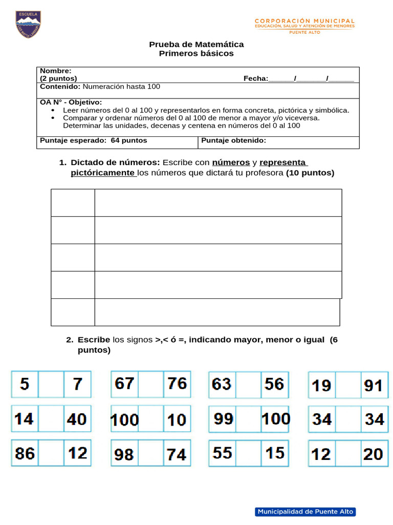 Prueba de Matemática: Números hasta 100 | PDF