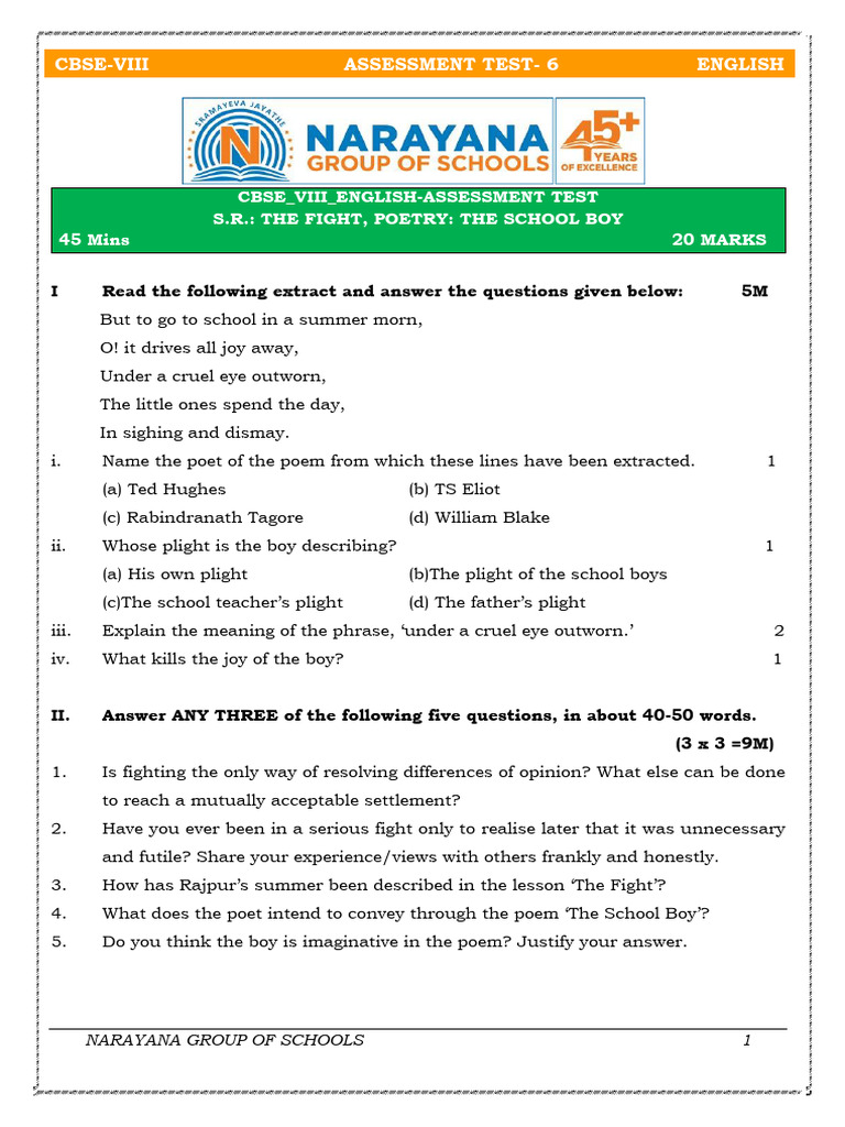 English Cbse Viii Eng-Assessment S.r.-The Fight, Poem-The School Boy ...