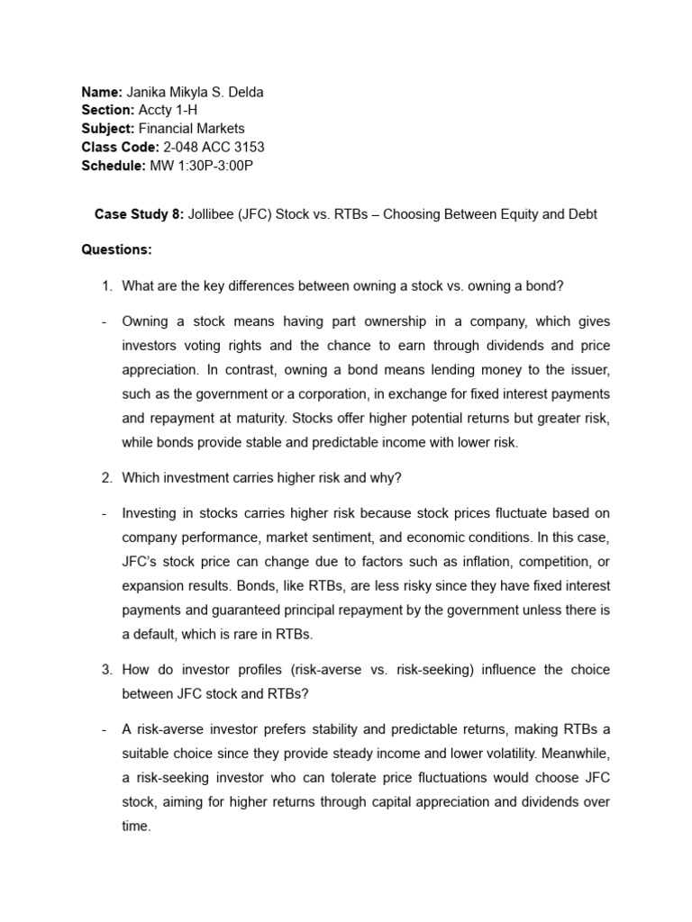 Delda Case Study #8 Fin 3153 | PDF | Bonds (Finance) | Stocks