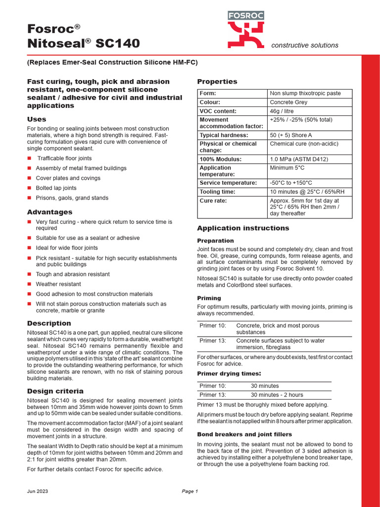 Fosroc Nitoseal SC140 TDS | PDF | Silicone | Adhesive