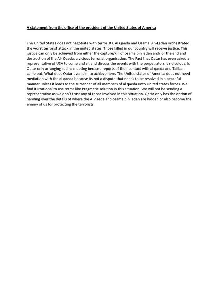 A Statement From The Office of The President of The United States of ...
