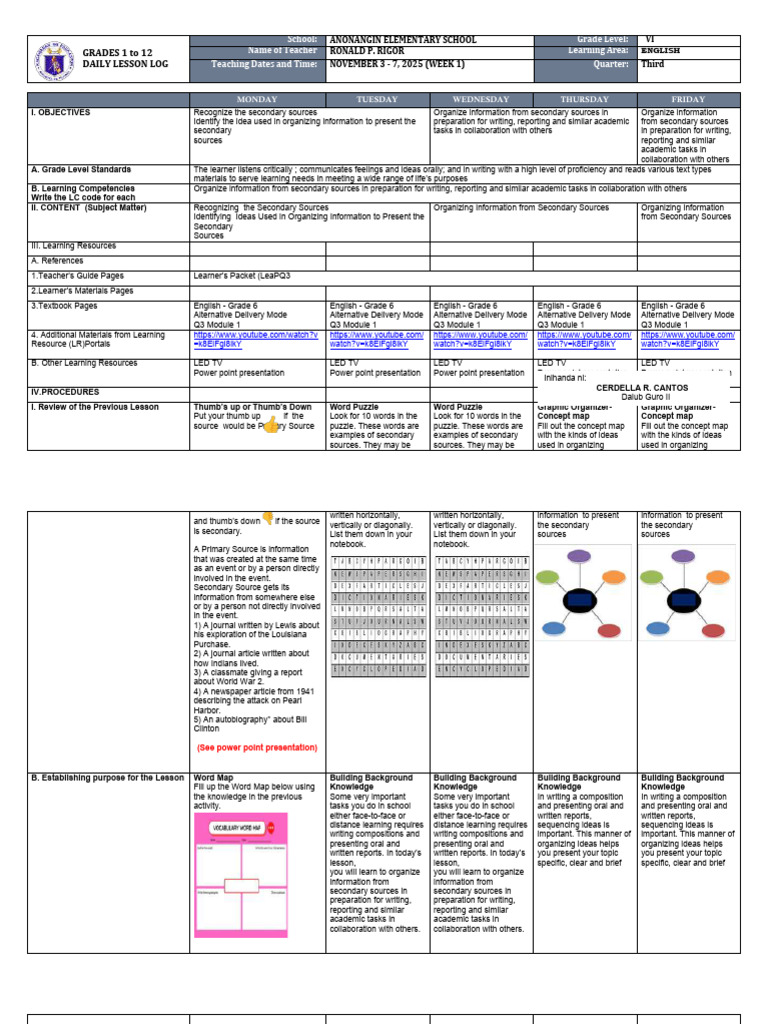 DLL - English 6 - Q3 - W1 | PDF