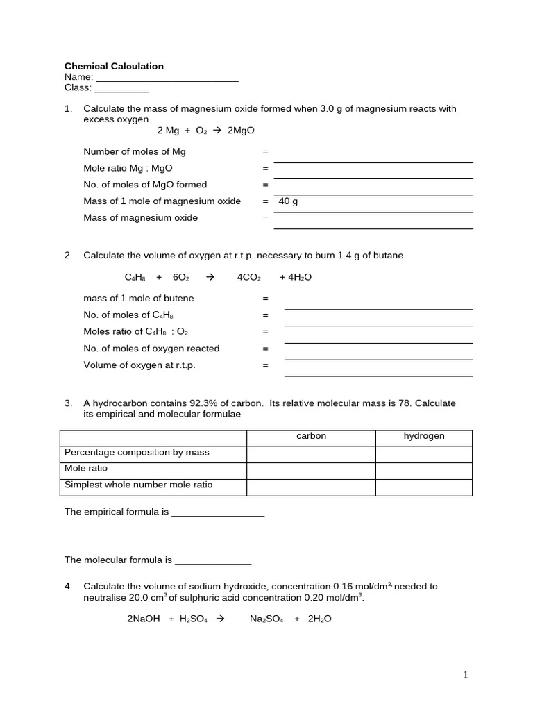 Chemical Calculation-Revision 1 | PDF | Sodium Hydroxide | Magnesium