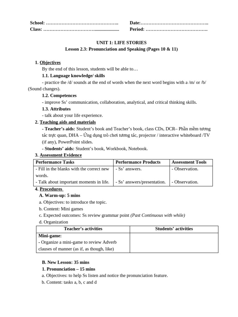 Pronunciation and Speaking Lesson Plan | PDF | Human Communication ...