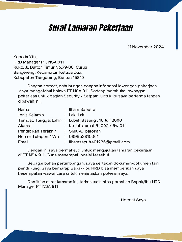 Surat Lamaran Kerja Security PT NSA 911 | PDF