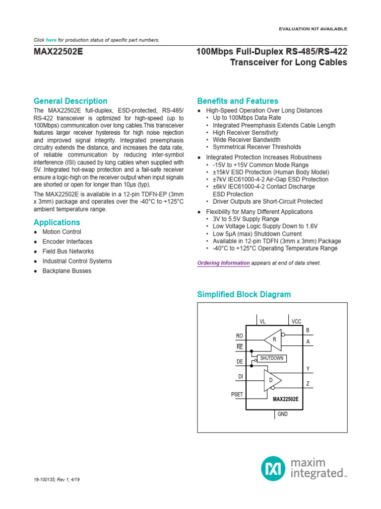MAX22502E 100Mbps Full-Duplex RS-485/RS-422 Transceiver For Long Cables ...