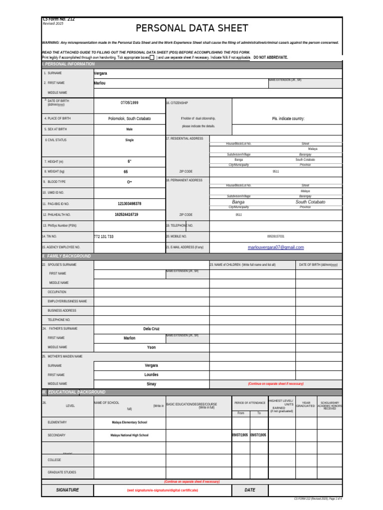Personal Data Sheet Template 2025 | PDF | Government And Personhood ...