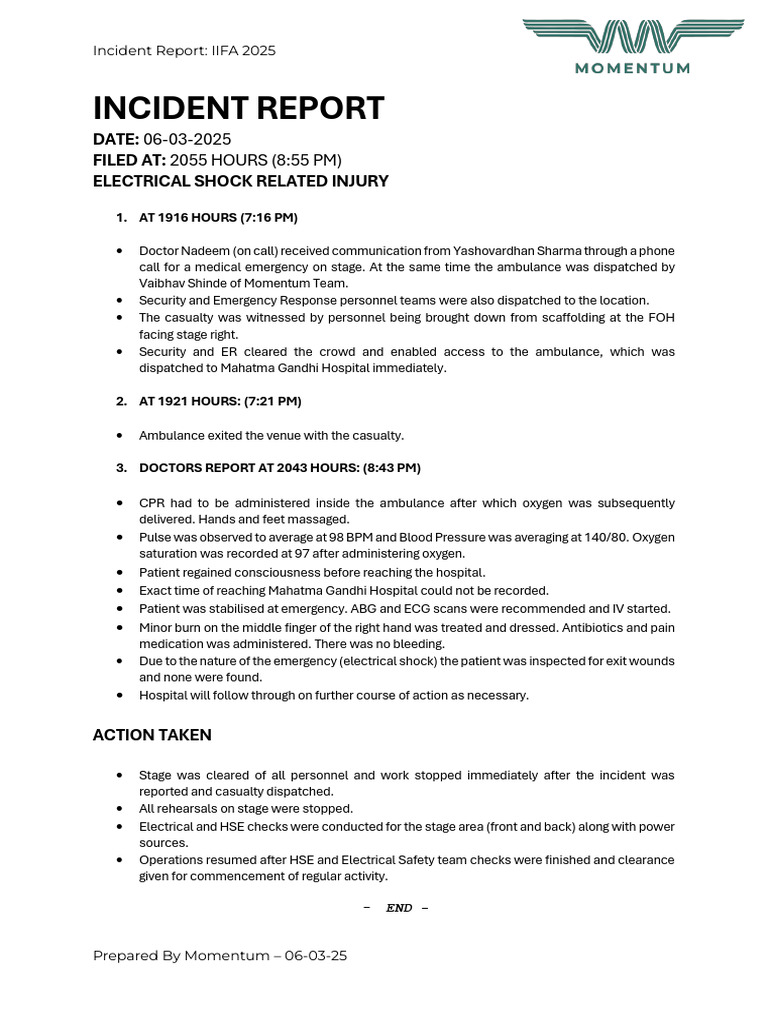 IIFA 2025 Electrical Shock Incident Report | PDF | Emergency Department ...