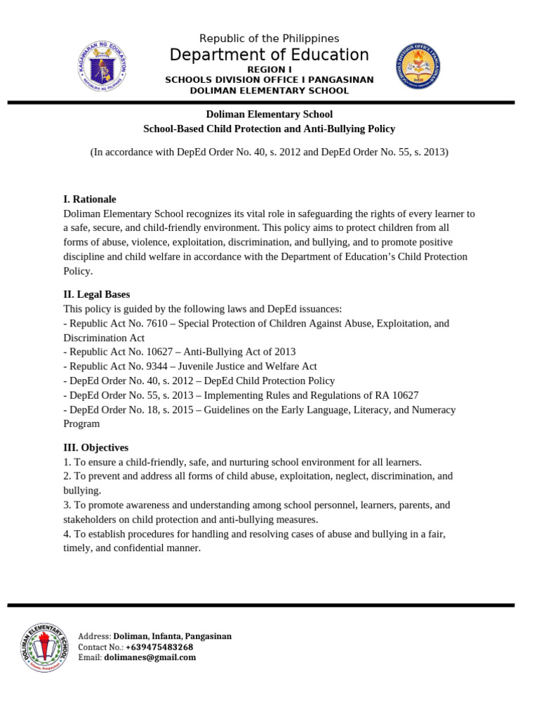 School-Based Child Protection and Anti-Bullying Policy | PDF | Child ...