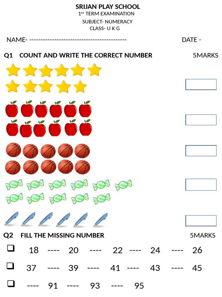 UKG Numeracy Exam Paper | PDF