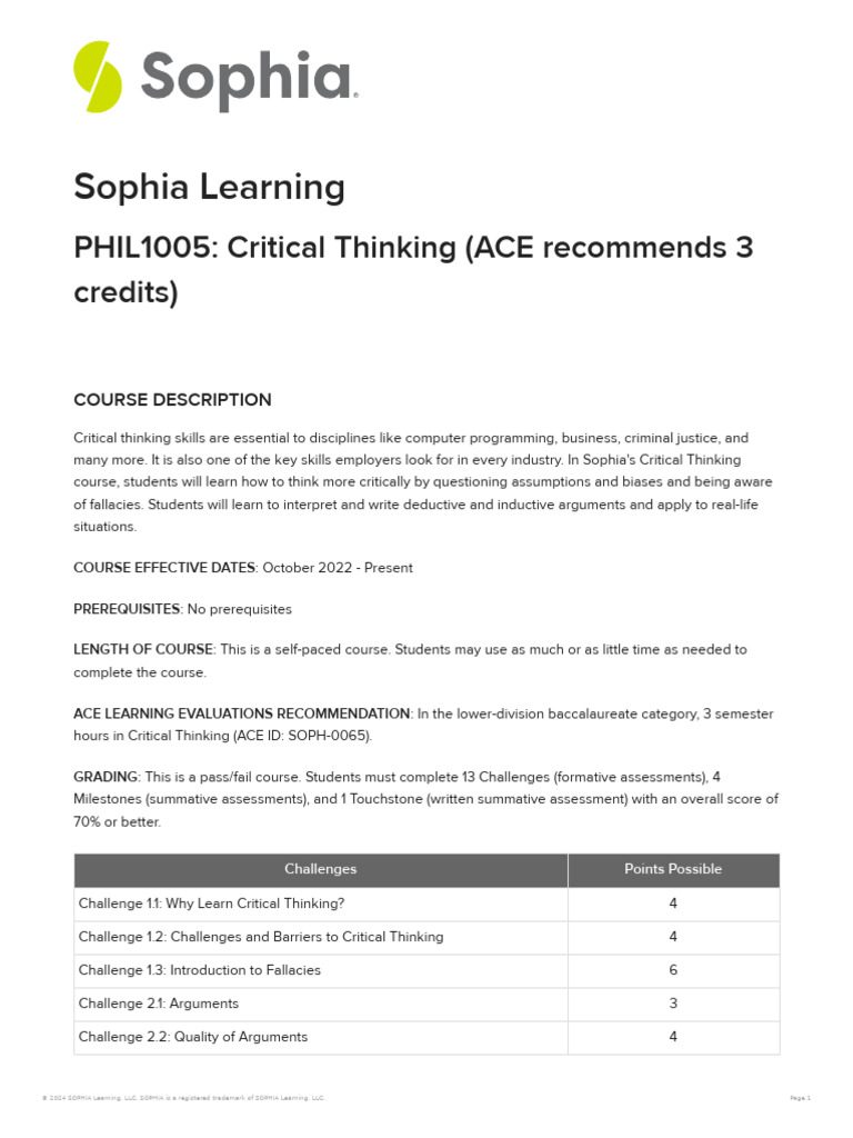 Sophia Critical Thinking Syllabus | PDF | Argument | Fallacy