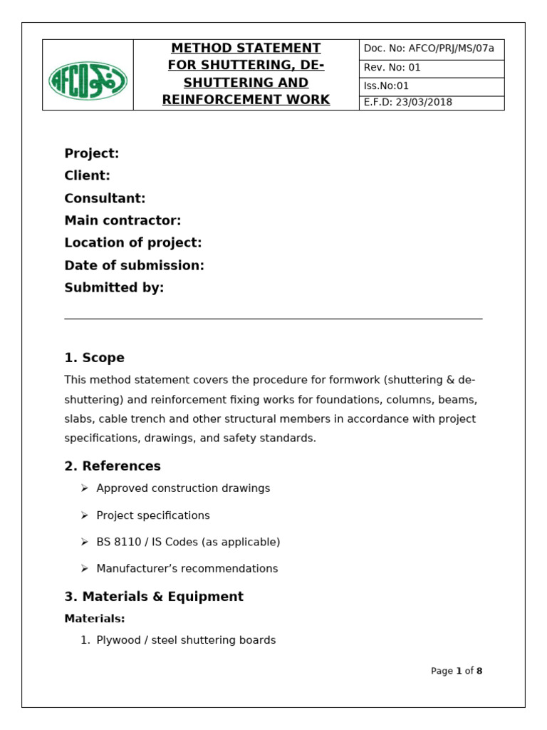 Shuttering and De-Shuttering Method Statement | PDF | Concrete ...