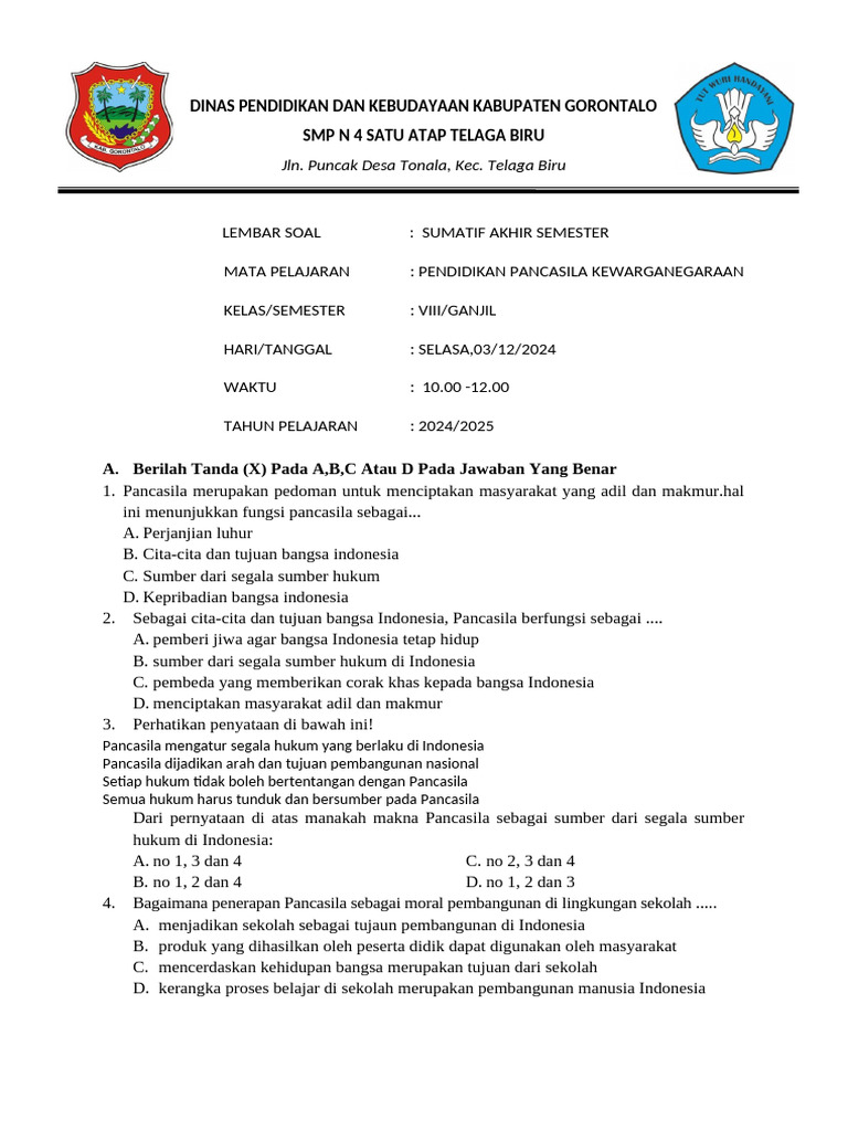 SOAL PPKN KELAS 8 SAS GANJIL 2024-2025 | PDF