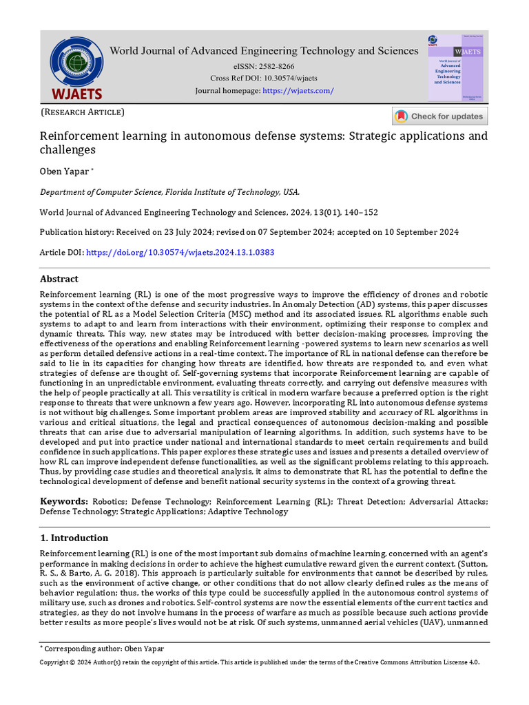Reinforcement Learning in Autonomous Defense Systems Strategic ...