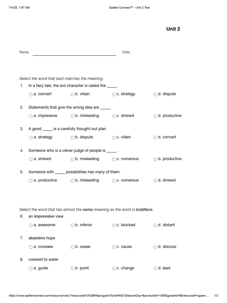 Sadlier Connect™ - Unit 2 Test | PDF