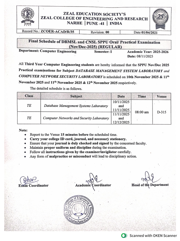 PR-Exam - Schedule of DBMSL and CNSL | PDF