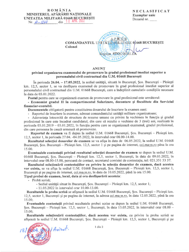 U.M. 01668 - Anunt Examen Promovare Economist Gr. II | PDF