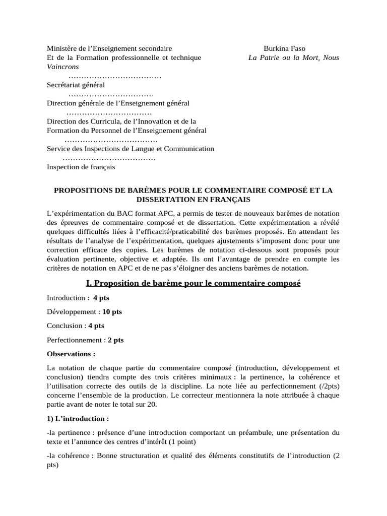 Barèmes de Notation pour Français au BAC | PDF