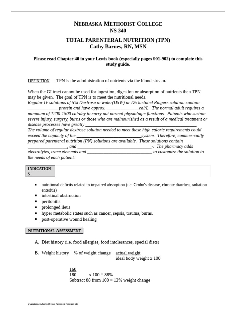 Total Parenteral Nutrition Study Guide 2015.Docx | PDF | Immune System ...