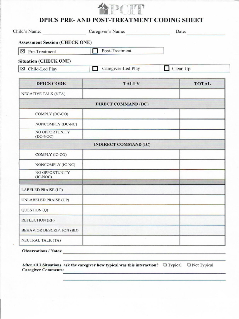 Dpics Pre & Post Treatment Coding Sheet | PDF