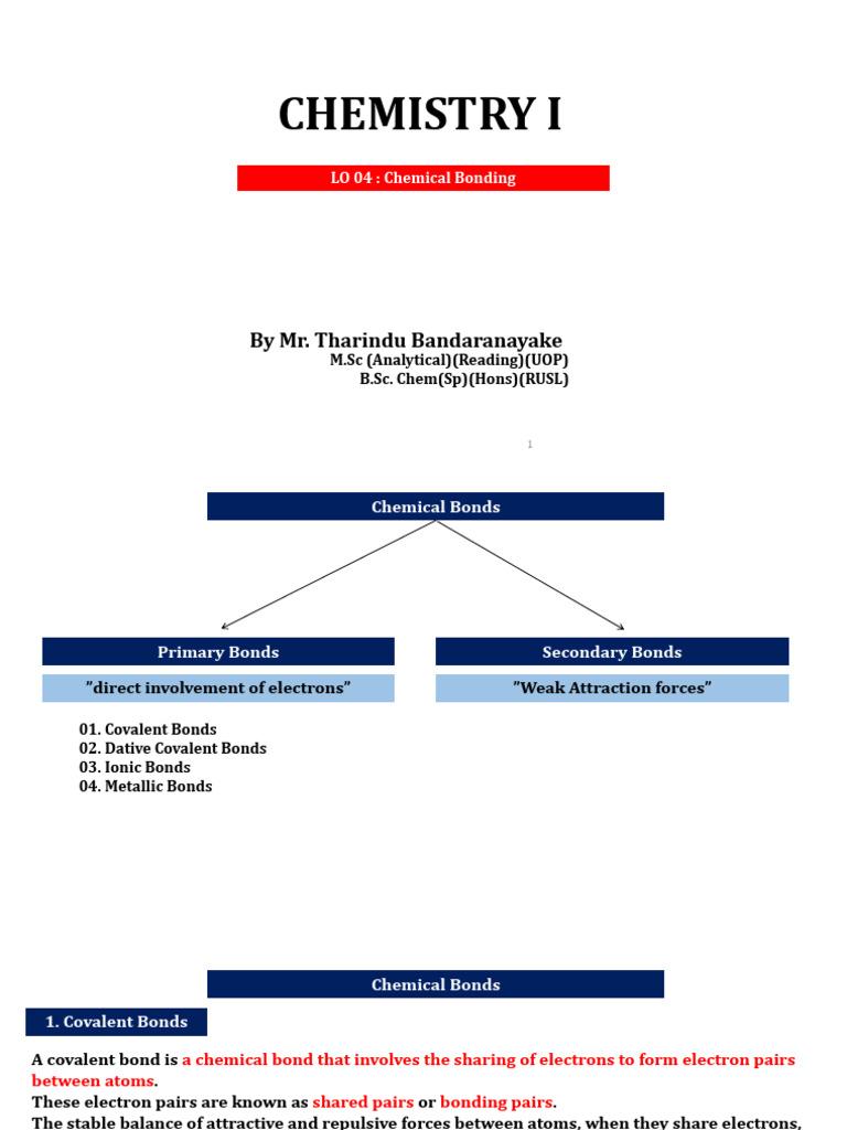 L.04 Chemical Bonds (Covalent, Ionic and Metallic) | PDF | Chemical Bond | Covalent Bond