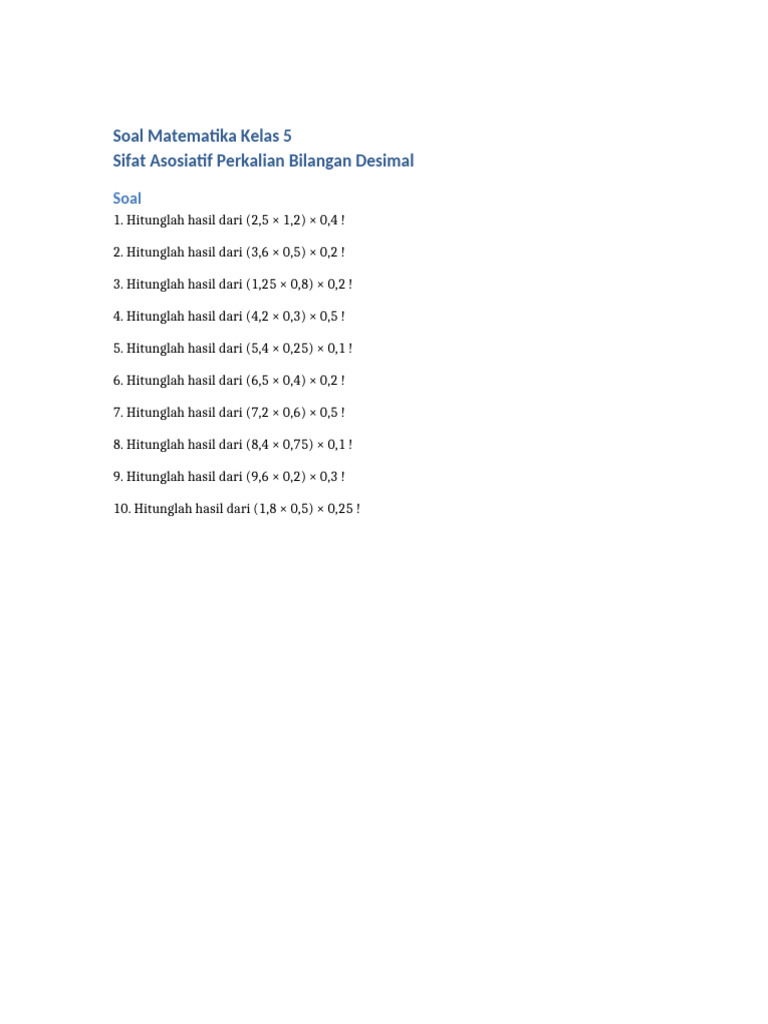 Soal Sifat Asosiatif Perkalian Desimal | PDF