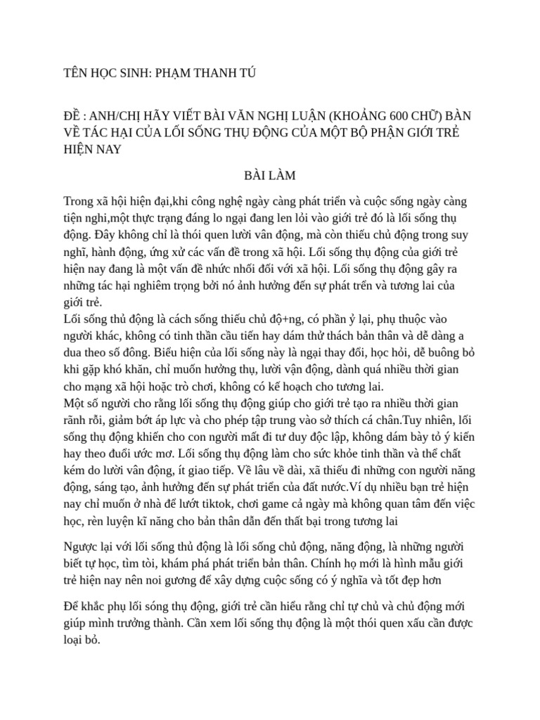 Phạm Thanh Tú 10A9 Văn Nghị Luận Xã Hội | PDF
