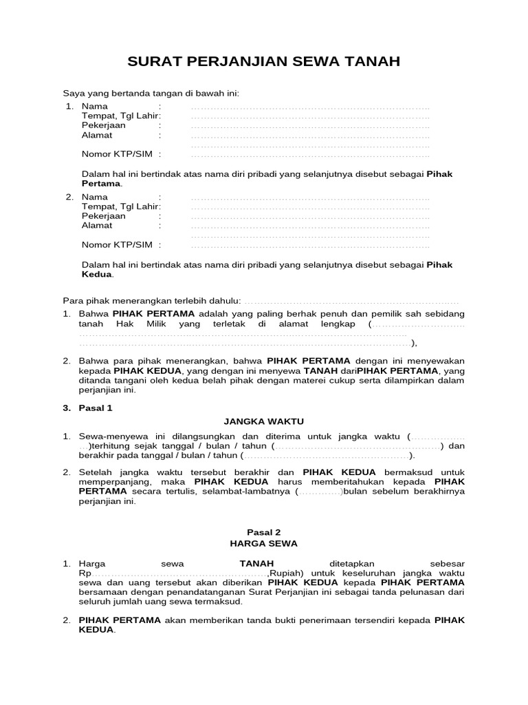 Surat Perjanjian Sewa Tanah Resmi | PDF