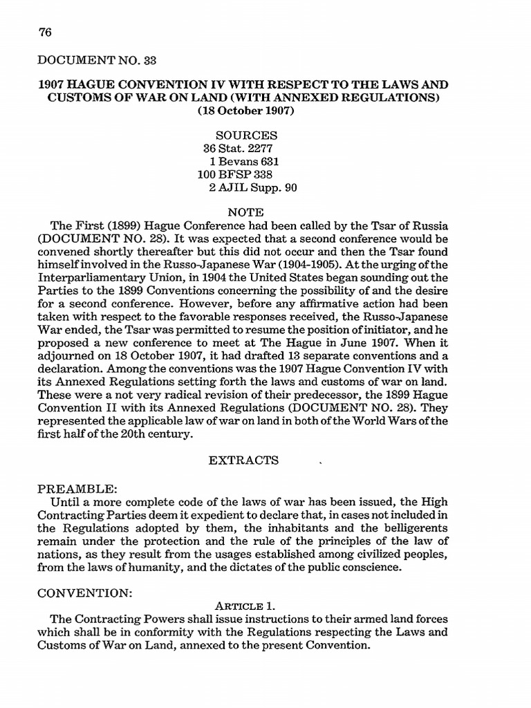 1907 Hague Convention IV With Respect to the Laws and Customs of War on ...