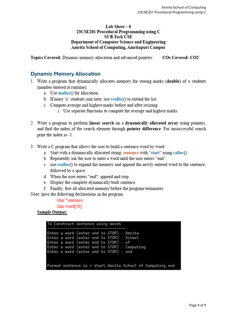 Dynamic Memory Allocation in C Lab Guide | PDF