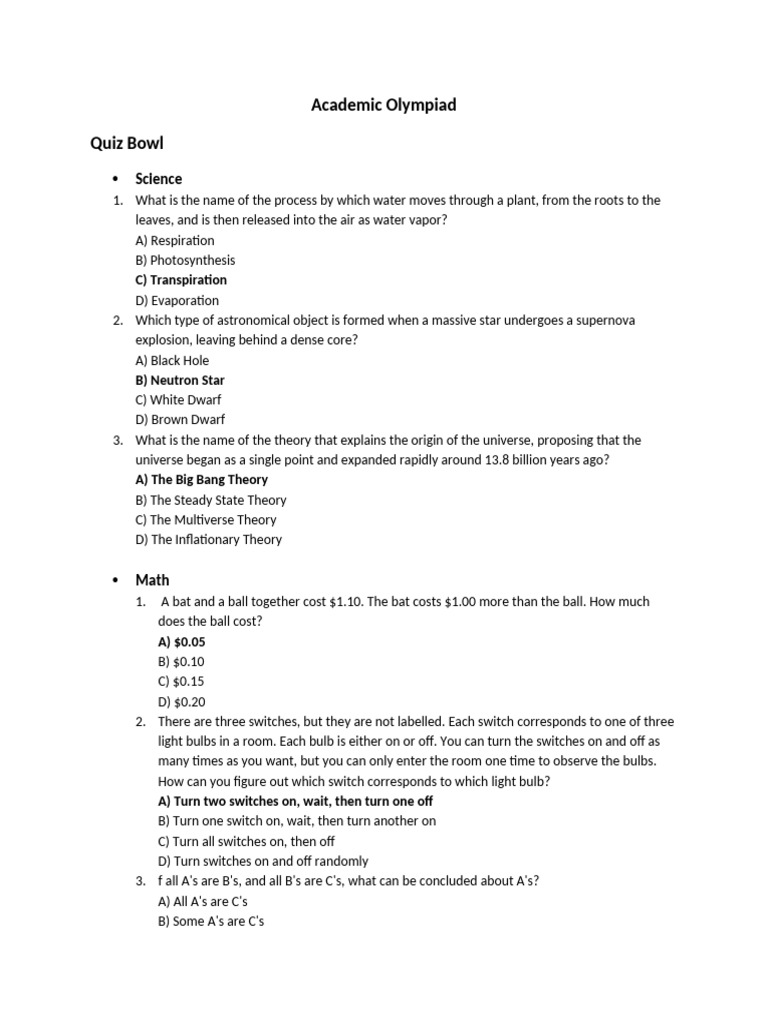 Academic Olympiad Quiz Questions | PDF | Universe | Stars