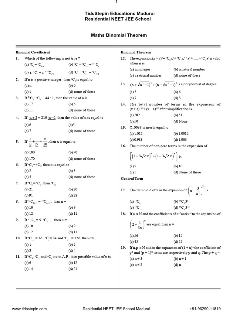 Binomial Coefficient Practice Questions | PDF | Mathematical Objects ...
