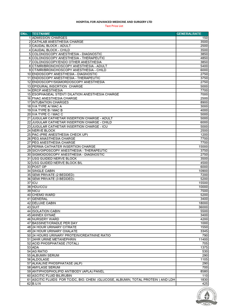 Comprehensive Medical Test Pricing List | PDF | Angiography | Blood Plasma