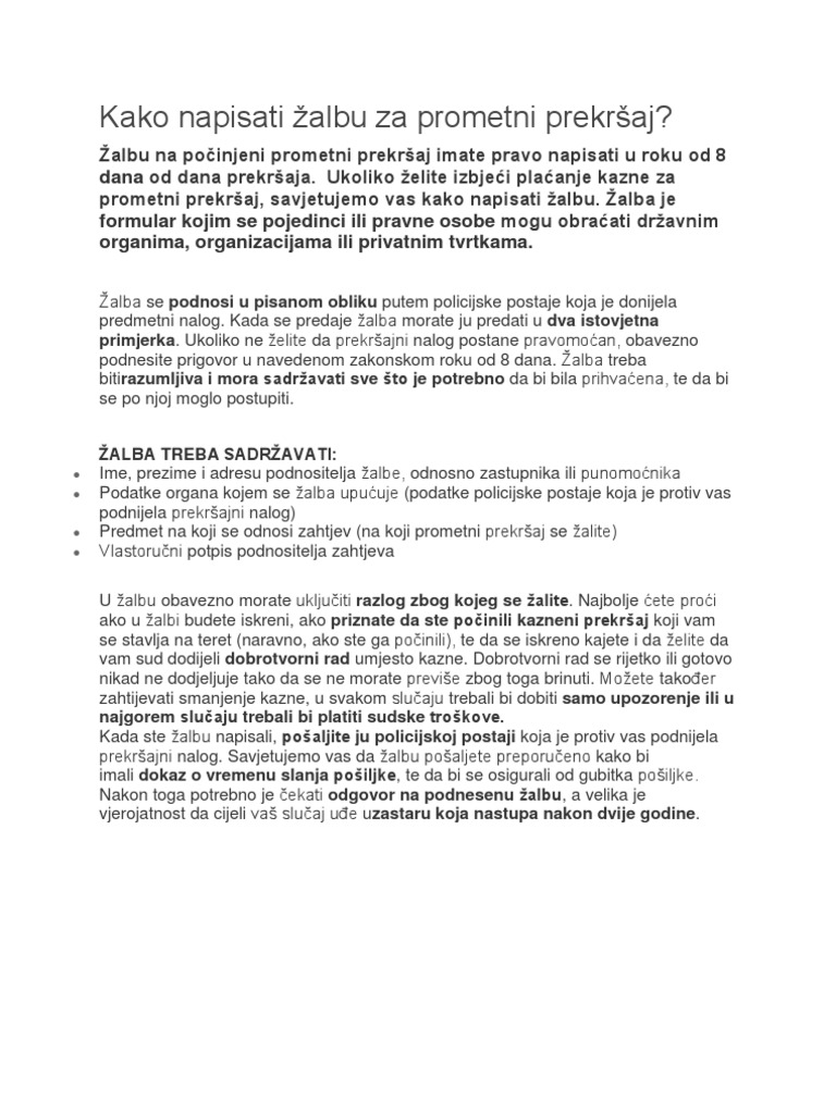 Kako Napisati Žalbu Za Prometni Prekršaj | PDF