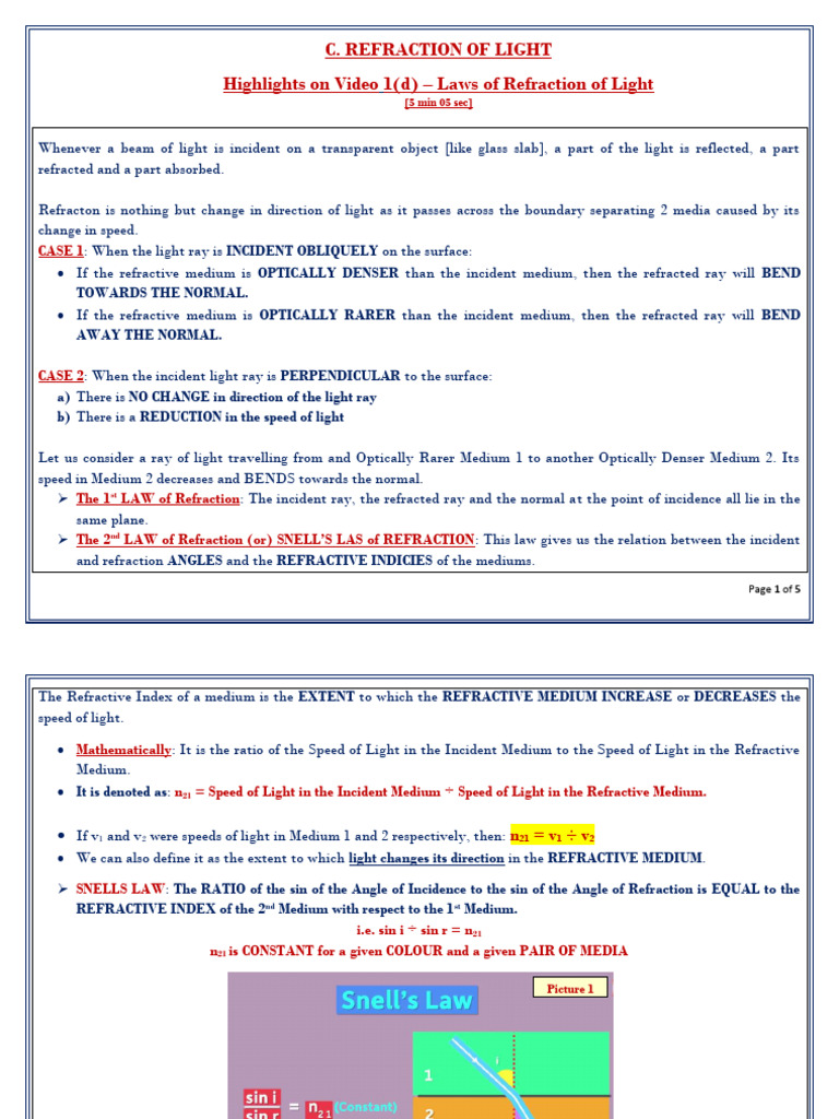 Laws of Refraction of Light | PDF | Refraction | Refractive Index