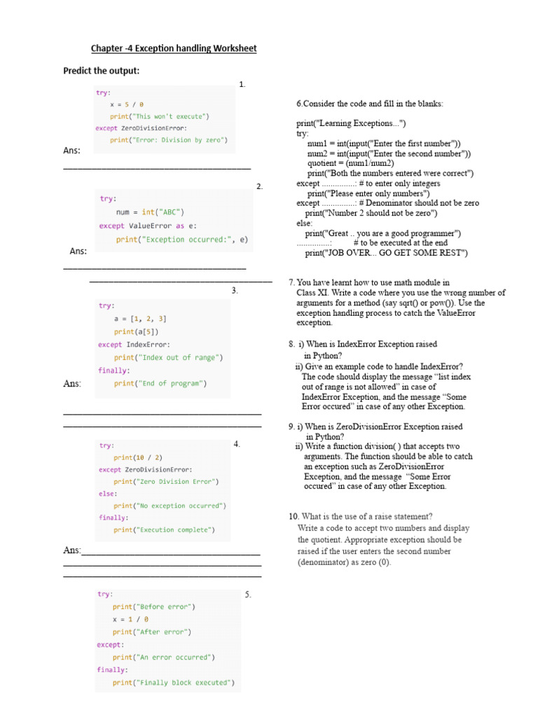 Exception Handling Exercises Worksheet | PDF | Computing | Software ...
