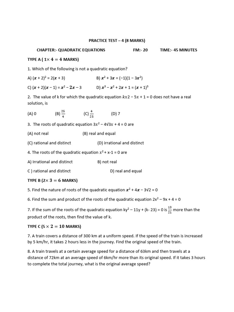 Practice Test Quadratic Equations | PDF